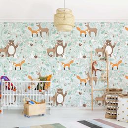 Bilderwelten Mustertapete Tiere Illustration Wandtapete gr&uuml;n - Forest-Friends-mit-Waldtieren - B&auml;r Kinderzimmer Baby M&auml;dchen Jungen