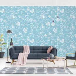 Bilderwelten Mustertapete Vliestapete Vintage Wandtapete blau - Blumenranken auf Blau - Pflanzen Wohnzimmer Schlafzimmer