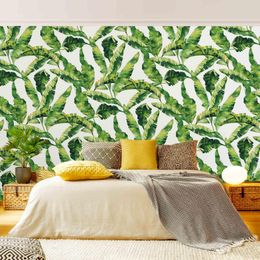 Bilderwelten Mustertapete Vliestapete Tropisch Aquarell gr&uuml;n - Bananenblatt Aquarell Muster - Pflanzen Wohnzimmer Schlafzimmer