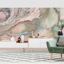 Bilderwelten Fototapete originell Abstrakt Steinoptik rosa - Farbexperimente Marmor Rose und T&uuml;rkis - Beton Wohnzimmer Schlafzimmer