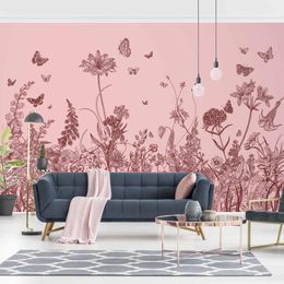 Bilderwelten Fototapete Blumen Illustration Wandtapete rosa - Gro&szlig;e Blumen mit Schmetterlingen auf Rosa - Blumenwiese Wohnzimmer Schlafzimmer