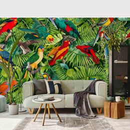 Bilderwelten Fototapete Tiere Tropisch Wandtapete bunt - Bunte Collage - Papageien im Dschungel - Pflanzen Wohnzimmer Schlafzimmer