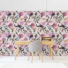 Bilderwelten Fototapete Tiere Vintage Wandtapete rosa - Vintage Illustration Paradiesvogel und Pfingstrosen XXL - Rose Wohnzimmer Schlafzimmer