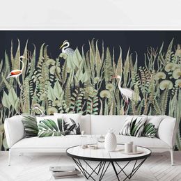 Bilderwelten Fototapete Tiere Vintage Wandtapete gr&uuml;n - Flamingo und Storch mit Pflanzen auf Gr&uuml;n - Pflanzen Wohnzimmer Schlafzimmer