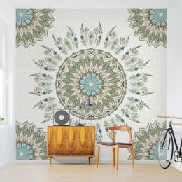 Bilderwelten Mustertapete originell modern Aquarell blau - Mandala Aquarell Federn Muster blau gr&uuml;n - Feder Wohnzimmer Schlafzimmer