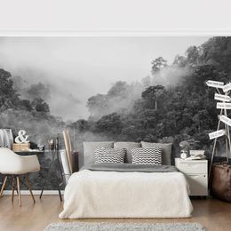 Bilderwelten Fototapete Wald Tropisch Wandtapete einzigartig - Dschungel im Nebel Schwarz Wei&szlig; - B&auml;ume Wohnzimmer Schlafzimmer