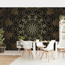 Bilderwelten Mustertapete Spirituell Orientalisch Wandtapete gold - Mandala Bl&uuml;te Muster gold schwarz - Ornamente Wohnzimmer Schlafzimmer