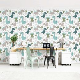 Bilderwelten Fototapete Tiere Illustration Wandtapete blau - Freundliche Dinosaurier mit Palmen und Kakteen - Dinosaurier Kinderzimmer Baby M&auml;dchen Jungen