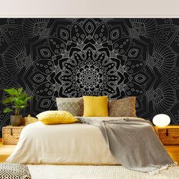Bilderwelten Mustertapete Spirituell Orientalisch Wandtapete silber - Mandala Bl&uuml;te Muster silber schwarz - Ornamente Wohnzimmer Schlafzimmer
