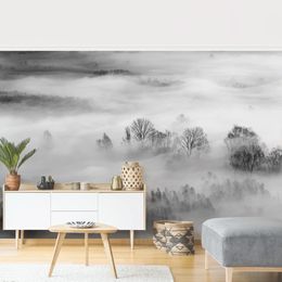 Bilderwelten Fototapete Nebel bei Sonnenaufgang Schwarz Wei&szlig;