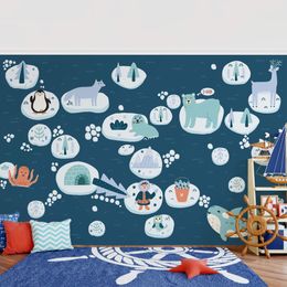 Bilderwelten Fototapete Tiere Illustration Wandtapete blau - Antarktis - Eisb&auml;r Rudi m&ouml;chte Fisch - Deko Kinderzimmer Baby M&auml;dchen Jungen