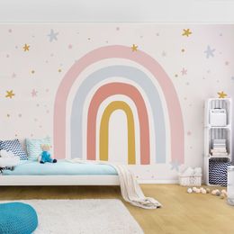 Bilderwelten Fototapete originell Illustration Wandtapete pastell - Gro&szlig;er Regenbogen mit Sternen und P&uuml;nktchen - Regenbogen Kinderzimmer Baby M&auml;dchen Jungen
