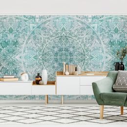 Bilderwelten Fototapete Spirituell modern Aquarell t&uuml;rkis - Mandala Aquarell Ornament Muster t&uuml;rkis - Ornamente Wohnzimmer Schlafzimmer