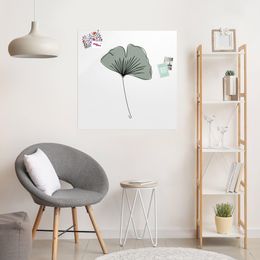 Bilderwelten Glasbild originell Line Art gr&uuml;n Glas Wandbild - Gingko Blatt Line Art - Pflanzen Wohnzimmer Schlafzimmer