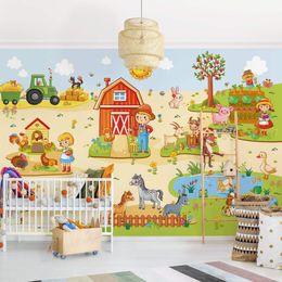 Bilderwelten Fototapete Tiere Illustration Wandtapete bunt - Bauernhof - Landarbeit macht Spa&szlig; - Bauernhof Kinderzimmer Baby M&auml;dchen Jungen