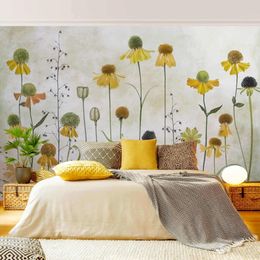 Bilderwelten Tapete Blumen - Helenium Bl&uuml;ten Vintage - Fototapete Blumen florale Blumentapete grau gelb Schlafzimmer Wohnzimmer K&uuml;che selbstklebend