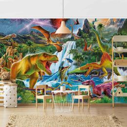 Bilderwelten Fototapete Tiere Illustration Wandtapete bunt - Dinosaurier im Urzeitgewitter - Dinosaurier Kinderzimmer Baby M&auml;dchen Jungen
