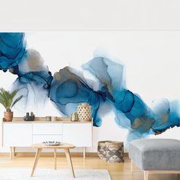 Bilderwelten Fototapete originell modern Aquarell blau - Weg des Windes Blau und Gold - Deko Wohnzimmer Schlafzimmer