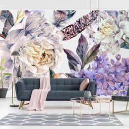 Bilderwelten Fototapete Blumen Illustration Aquarell pastell - Zartes Aquarell Boho Bl&uuml;ten und Federn Muster - Rose Wohnzimmer Schlafzimmer