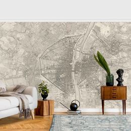 Bilderwelten Fototapete Weltkarte Vintage Wandtapete beige - Vintage Karte Paris - Retro Wohnzimmer Schlafzimmer