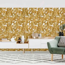 Bilderwelten Mustertapete Vliestapete Tropisch Aquarell gelb - Aquarell Monstera Bl&auml;tter in Gold - Pflanzen Wohnzimmer Schlafzimmer