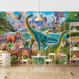 Bilderwelten Fototapete Tiere Illustration Wandtapete bunt - Brachiosaurus und Tricaterops - Dinosaurier Kinderzimmer Baby M&auml;dchen Jungen