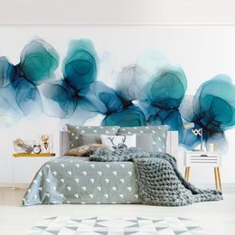 Bilderwelten Fototapete originell modern Aquarell t&uuml;rkis - Wilde Bl&uuml;ten in Blau und Gold - Deko Wohnzimmer Schlafzimmer