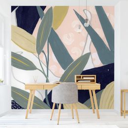 Bilderwelten Fototapete Tropische Blumen der Nacht selbstklebende Tapete Botanik Bl&auml;tter pastell Wandtapeten Wohnzimmer Flur Schlafzimmer K&uuml;che Vliestapete