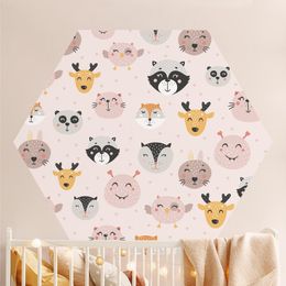 Bilderwelten Hexagon Tapete Tiere Illustration Wandtapete blau - Skandinavische freundliche Tiergesichter - Deko Kinderzimmer Baby M&auml;dchen Jungen