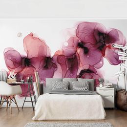 Bilderwelten Fototapete originell modern Aquarell pink - Wilde Bl&uuml;ten in Violett und Gold - Deko Wohnzimmer Schlafzimmer
