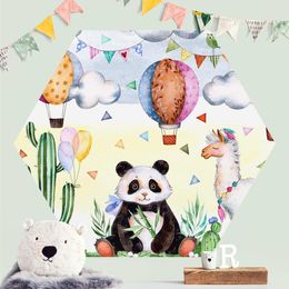 Bilderwelten Hexagon Tapete Tiere Illustration Aquarell beige - Panda und Lama Aquarell - Ballon Kinderzimmer Baby M&auml;dchen Jungen