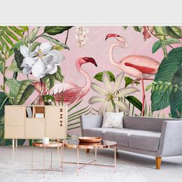 Bilderwelten Fototapete Tiere Vintage Wandtapete rosa - Tropische Flamingos mit Pflanzen in Rosa - Pflanzen Wohnzimmer Schlafzimmer