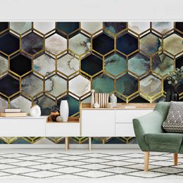 Bilderwelten Mustertapete Vliestapete Illustration Aquarell gr&uuml;n - Hexagontr&auml;ume Aquarell mit Gold - Geometrisch Wohnzimmer Schlafzimmer