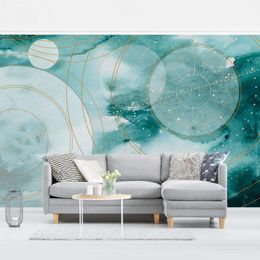 Bilderwelten Mustertapete originell Abstrakt Aquarell t&uuml;rkis - Magischer goldener Sternenhimmel II - Himmel Wohnzimmer Schlafzimmer