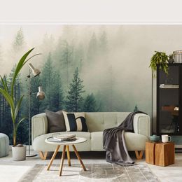 Bilderwelten Fototapete Wald Motiv Wandtapete gr&uuml;n - Wald im Nebel Erwachen - B&auml;ume Wohnzimmer Schlafzimmer
