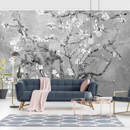 Bilderwelten Fototapete Blumen modern Wandtapete grau - Vincent van Gogh - Mandelbl&uuml;te Schwarz-Wei&szlig; - Deko Wohnzimmer Schlafzimmer