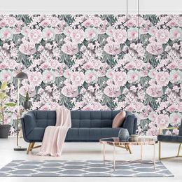 Bilderwelten Mustertapete Blumen Vintage Wandtapete rosa - Nostalgische Pfingstrosen in Pastell Rosa - Retro Wohnzimmer Schlafzimmer