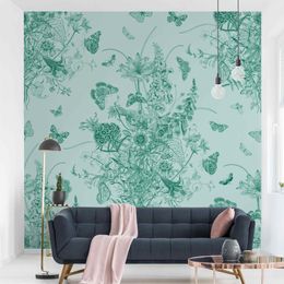 Bilderwelten Fototapete Blumen Tropisch Wandtapete gr&uuml;n - Schmetterlinge um Blumeninsel in Gr&uuml;n II - Blumenwiese Wohnzimmer Schlafzimmer