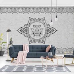 Bilderwelten Fototapete Spirituell Orientalisch Steinoptik grau - Mandala Lotus Betonoptik - Mandala Wohnzimmer Schlafzimmer