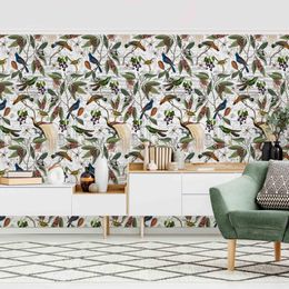 Bilderwelten Mustertapete Blumen Vintage Wandtapete gr&uuml;n - Nostalgischer Beerenblues mit Paradiesv&ouml;geln - Retro Wohnzimmer Schlafzimmer