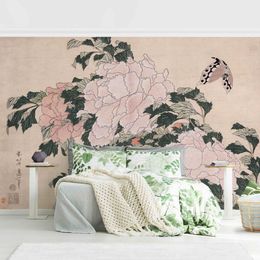 Bilderwelten Fototapete Katsushika Hokusai - Rosa Pfingstrosen mit Schmetterling
