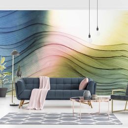 Bilderwelten Fototapete originell Abstrakt Wandtapete bunt - Melierter Farbtanz Rosa Gelb mit T&uuml;rkis - Deko Wohnzimmer Schlafzimmer