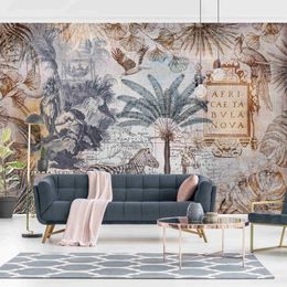 Bilderwelten Fototapete Tiere Vintage Wandtapete beige - Vintage Collage Landkarte Afrika - Pflanzen Wohnzimmer Schlafzimmer