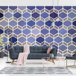 Bilderwelten Mustertapete Vliestapete Illustration Aquarell blau - Hexagontr&auml;ume Muster in Indigo - Geometrisch Wohnzimmer Schlafzimmer