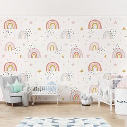 Bilderwelten Mustertapete Himmel Illustration Wandtapete bunt - Regenbogenwelt mit Sternen und P&uuml;nktchen - Himmel Kinderzimmer Baby M&auml;dchen Jungen