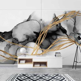 Bilderwelten Fototapete originell Abstrakt Aquarell schwarz - Schwarze Tusche mit goldenen Linien II - Deko Wohnzimmer Schlafzimmer