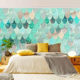 Bilderwelten Mustertapete Vliestapete Illustration Aquarell blau - Meerjungfrauen Magie in Mint - Deko Wohnzimmer Schlafzimmer