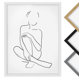 Bilderwelten Bild mit Rahmen originell schwarz weiss Line Art inkl. Rahmung - Line Art Frau sitzt Schwarz Wei&szlig; - Deko Wohnzimmer Schlafzimmer