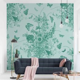Bilderwelten Fototapete Blumen Tropisch Wandtapete gr&uuml;n - Schmetterlinge um Blumeninsel in Gr&uuml;n II - Blumenwiese Wohnzimmer Schlafzimmer