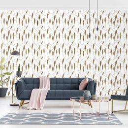 Bilderwelten Mustertapete Vliestapete modern Wandtapete schwarz weiss - Nat&uuml;rliches Muster schwungvolle Bl&auml;tter in Gold - Deko Wohnzimmer Schlafzimmer